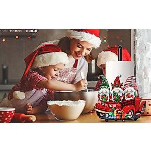 Christmas Paper Towel Holder, Gnome Red Truck Christmas Decorations Indoor Metal Paper Towel Holders for Kitchen Countertop Bathroom Home, Christmas Decor Gnome Gifts for Women Men 6.7x6.7x13.4 inch