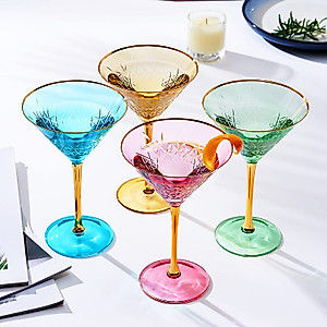 Crystal Martini Glasses Colored - Set of 4 - Stemmed Multi-Color Glass, Great for all Drink Types and Occasions - Luxury, Durable, Hand-Blown Vintage Art Deco Coupe for Champagne, Martini, Cocktails