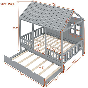 Harper & Bright Designs Full House Bed with Trundle, Wood Kids Trunlde Bed Full with Rails,Windows and Roof,Full Bed Frames with Trundle Playhouse Bed Frame for Girls Boys (Full,Grey)