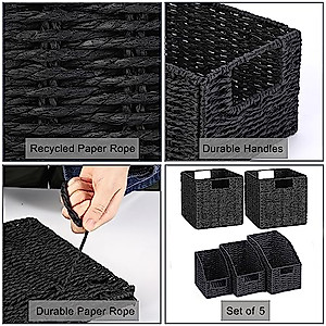 Vagusicc Wicker Storage Baskets, Set of 2 Hand-Woven Foldable Cube Storage Baskets with Handles 13 inches + Set of 3 Shelf Baskets Organizer Small Wicker Baskets for Pantry Office Kitchen, Black