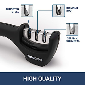 TODOCOPE Premium Chef Knife Sharpener, Professional Kitchen Chef 3 Slot Design, Manual Knife Sharpener Kit, black, medium