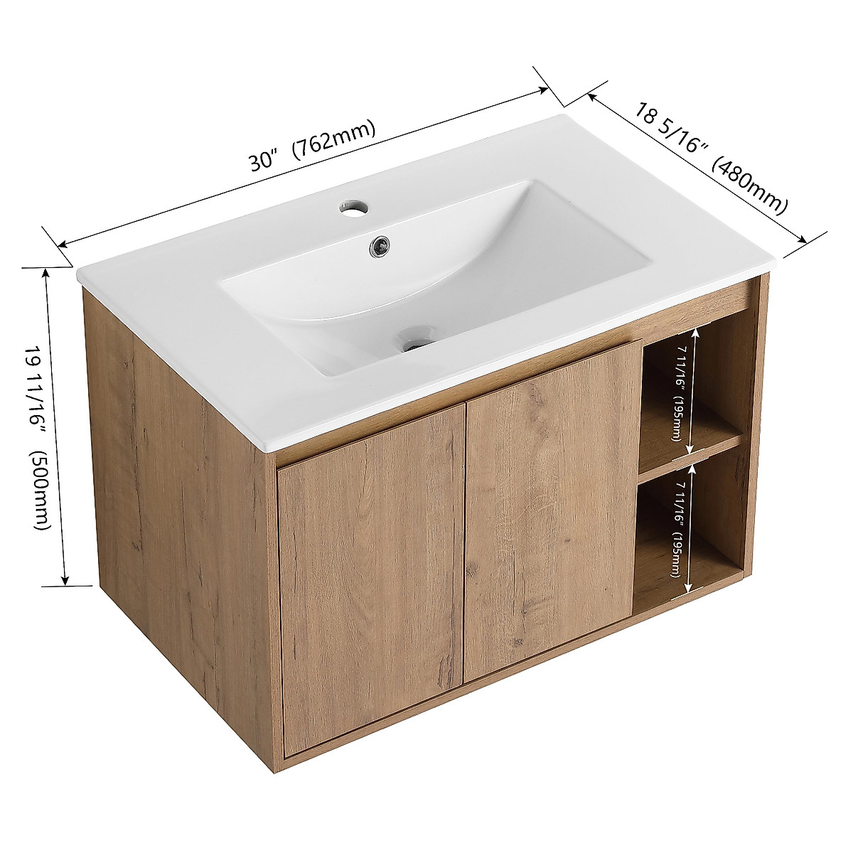San Merah 30" Wall-Mounted Bathroom Vanity with Sink - Floating Single Door Cabinet & Right Shelf, Space-Saving Modern Design for Small Bathrooms, Ceramic Basin Combo