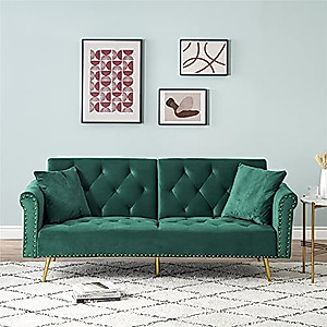 PBOGHLRD Convertible Velvet Loveseat Sofa, Upholstered Nail Head Futon Sofa Bed with Two Pillows, Modern Sleeper Couch Bed for Living Room, Bedroom, Home Office (Green)