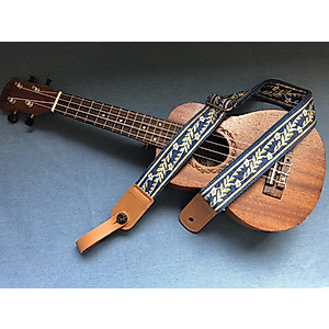 MUSIC FIRST Original Design Vintage Blue “Jasmine” Soft Meshbelt & Genuine Leather Ukulele Strap Ukulele Shoulder Strap With a Genuine Leather Strap Locker