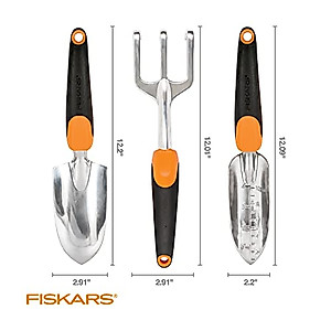 Fiskars 384490-1002 Garden Scratch Tool Set with Shovel, Hand Rake and Spade for Weed Removal, Digging, Gardening, Black/Orange
