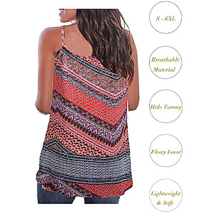 Kaei&Shi Spaghetti Strap Print Long Vest,Flowy Tank Top for Women,Pleated Dressy Loose Cami,Swing Camisole Plus Size Zigzag Red 3X-Large