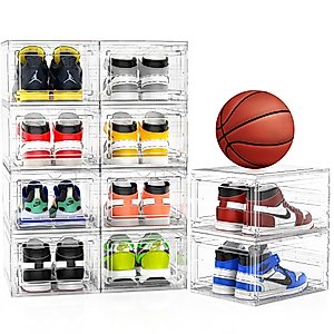 Mitees 10 Pack XX Large Thicken Sturdy Hard Plastic Clear Stackable Shoe Storage Boxes for Size 12, Sneaker Shoe Rack Containers Holders Bins Display Case Organizer for Closet, White Clear
