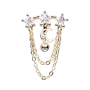 Pierced Owl 14GA Stainless Steel CZ Crystal Dangling Chains Celestial Top Drop Reverse Belly Button Ring (Gold Tone)