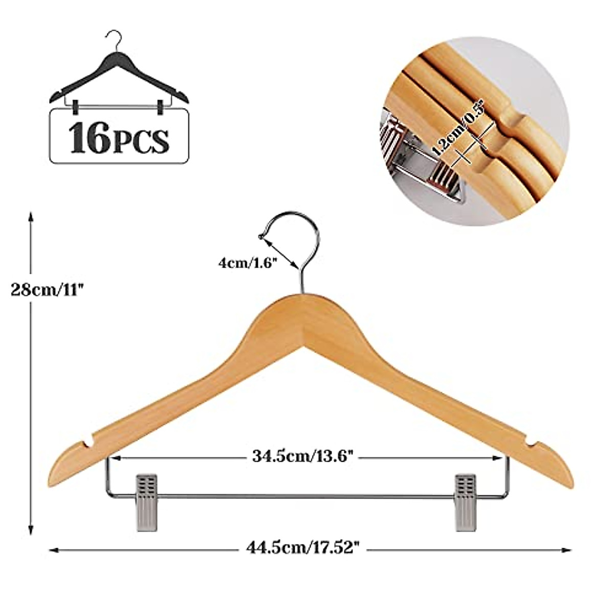 HOUÍSM 16Pack Wooden Hangers Skirt Hangers with Clips, Solid Wood Pants Hangers Natural Smooth Finish High-Grade Selected Wood Hangers with Sturdy Metal Clips for Blouse Dress Coat Jacket