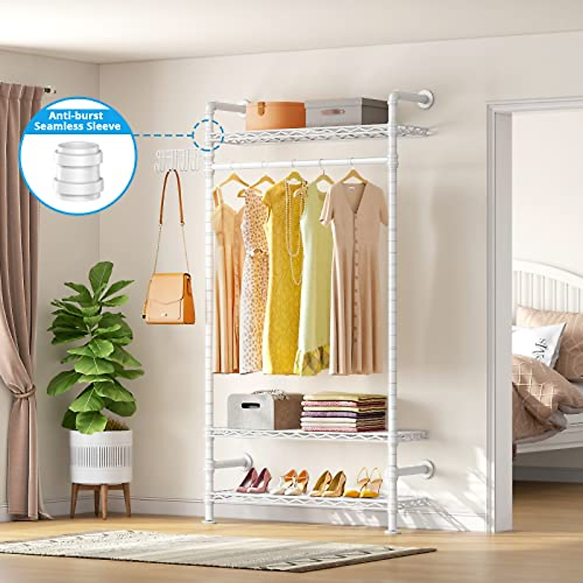 Timate F1 Pipe Clothes Rack Wall Mount Heavy Duty Closet Organizer System Hanging Closet Rack for Clothes, Closet Kit Walk in Closet Systems, Adjustable Storage Closet Shelves Wardrobe Closet, White