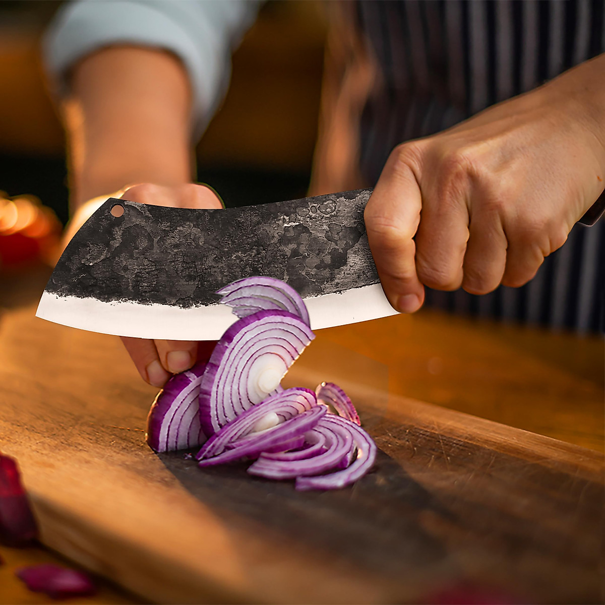 TheMohrim Full Tang Butcher Knife: Premium Meat Cutting Chopper - The Ultimate Chef's Choice for Dicing & Mincing (Rose Wood Micarte Handle)