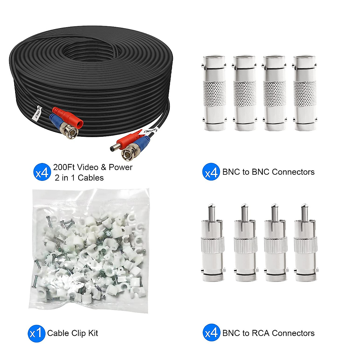 BNC Cable 200ft 4 Pack Aimyzii BNC Video Power Cable,Security Camera Cable for CCTV Camera DVR Security Systems(Included 8X BNC Adapters,100 Pcs Cable Clips)-Black