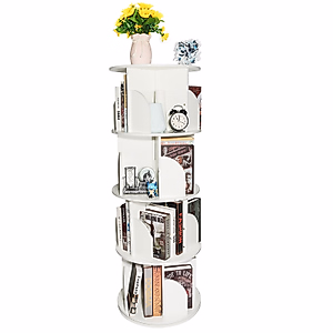 BEICNWOD Rotating Bookshelf,4 Tier 360° Revolving Bookcase,Small Corner Bookshelf for Small Space, Stackable Bookshelf Organizer, Display Cabinet for Office Home Living Room，White (White)