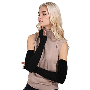 Facecozy Arm Warmers Women, Knit Warm Cashmere Blend Long Fingerless Gloves for Women Cold Weather Mittens with Thumb Hole (Black, 19.6"/50cm)