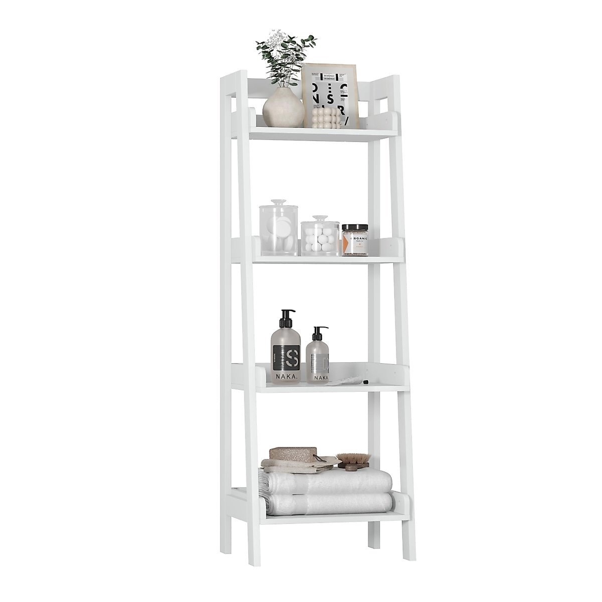 UTEX 4-Tier Ladder Shelf, Bathroom Shelf Freestanding, 4-Shelf Spacesaver Open Wood Shelving Unit, Ladder Shelf (White)