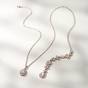 SWEETV Teardrop Wedding Bridal Backdrop Necklace, Rose Gold Cubic Zirconia Back Pendant Necklace for Bride Bridesmaids Women, Body Chain Jewelry for Prom Wedding