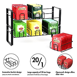 Koluti Tea Bag Holder Organizer 2 Tier, Stackable Wall-mounted Tea Storage Cabinet Stand with Removable Tray Basket, Coffee and Sugar Packet Rack for Counter, Holds 120 Tea Bags, Matte Black Metal