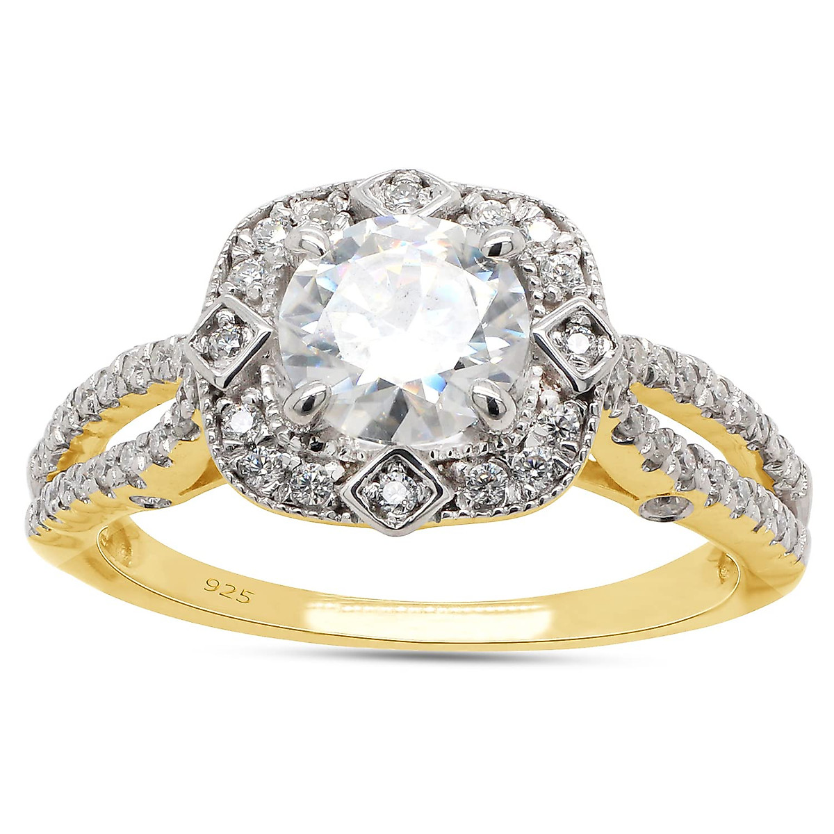 SAVEARTH DIAMONDS 0.90 Cttw Round Lab Created Moissanite Diamond Split Shank Halo Engagement Ring In 14k Yellow Gold Over Sterling Silver 1 1/2 Cttw, Size 10