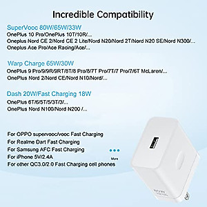 for Oneplus 11 10 Pro Charger 80W, Warp Charger SuperVooc 65W Wall Block for Oneplus 9 Pro 10T 10R 8T 8 7T 7 Pro Nord 2T CE 2 Lite N20 N10 9R Ace 6T Dash Charge One Plus Fast Charging 6.6ft Cable