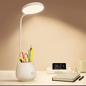 IIOSUYUI Desk Lamp for Home Office Dorm, Rechargeable Small LED Desk Light with Pen/Phone Holder, Eye-Caring Small Table Lamp with 3 Color Light Modes, USB Night Light for Students Dorm, Kids Room