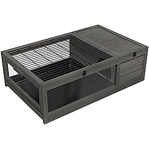 GDLF Wood Tortoise House Indoor Turtle Habitat Reptile Cage Removable Waterproof Tray (Dark Grey)