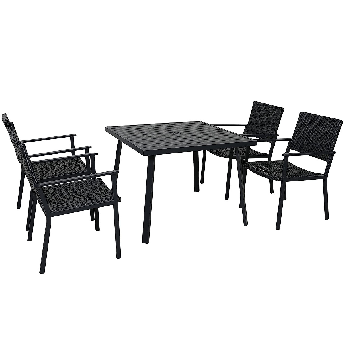 Quarte Patio 5-Piece Dining Table Furniture Set,Outdoor PE Wicker Conversation Set with Umbrella Hole and 4 Dining Chairs,for Porch Lawn Garden Backyard Poolside