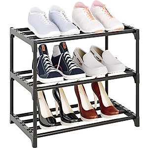 MUAHRCE 3-Tier Small Shoe Rack for Closet, Entryway, Stackble Sturdy Metal Shoe Shelf,Narrow Shoe Stand Organizer (Black,17.3" W×11.4" D×15" H)