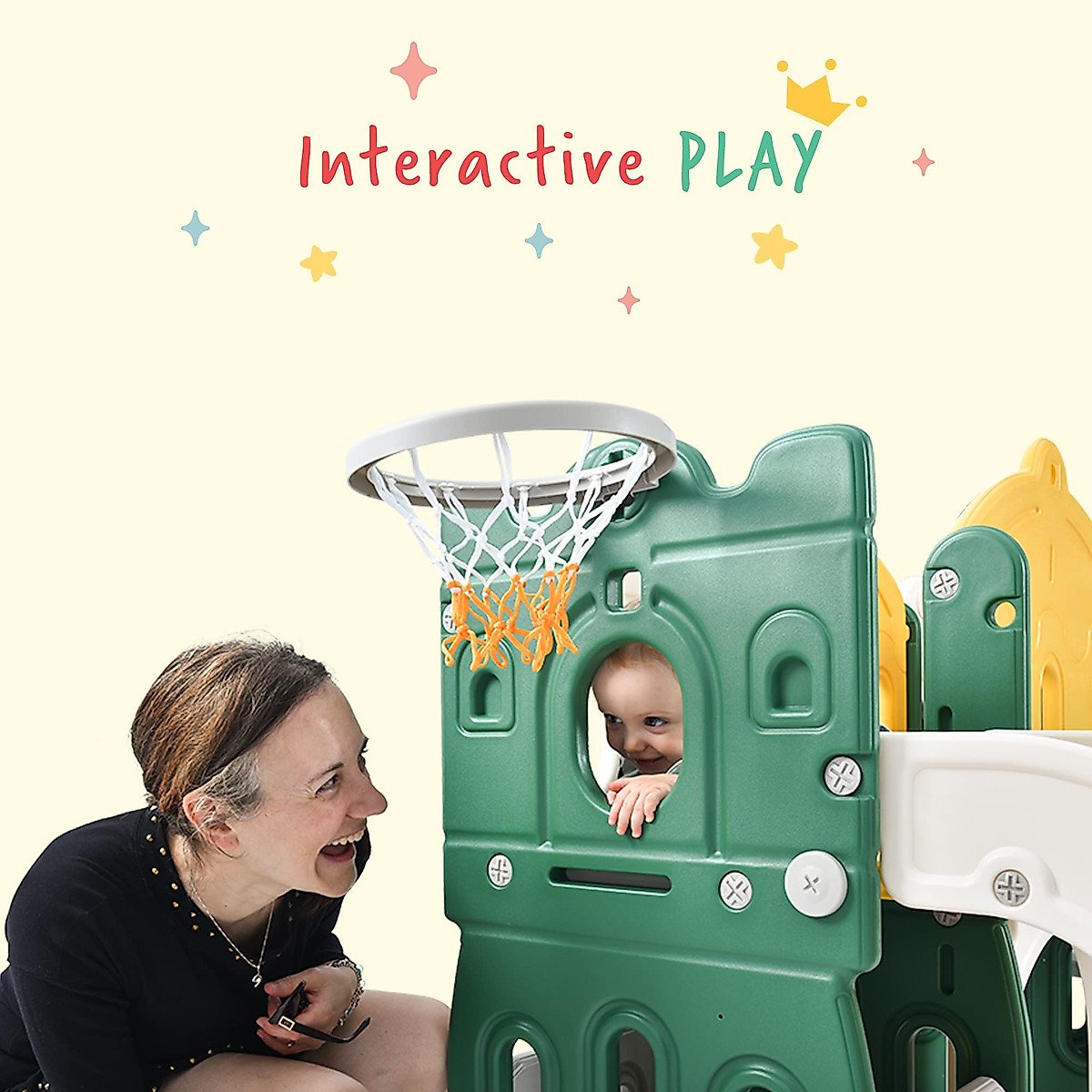 Merax 6-in-1 Kids Slide with Climber, Basketball Hoop, Tunnel and Storage Space, Outdoor Indoor Slide Playset for Toddlers Age 1+