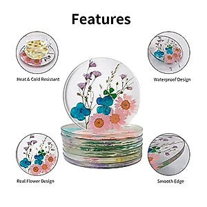 Drink Coasters Flower Cup Mat-Epoxy Resin Coasters with Colorful Natural Floral Reusable Round Kitchen Utensils for Dining Cups (Set of 4) (4, BD0001)