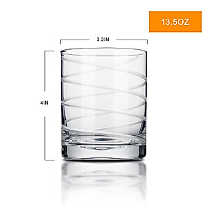 FAIRCRAFT Lowball Glasses Set of 6, 13.5oz Handmade Short Glass Tumbler, Heavy Base Ribbed Durable Carved Cup Drinking Glasses, Old Fashioned Rocks Glass for Whiskey Dishwasher Safe Glassware