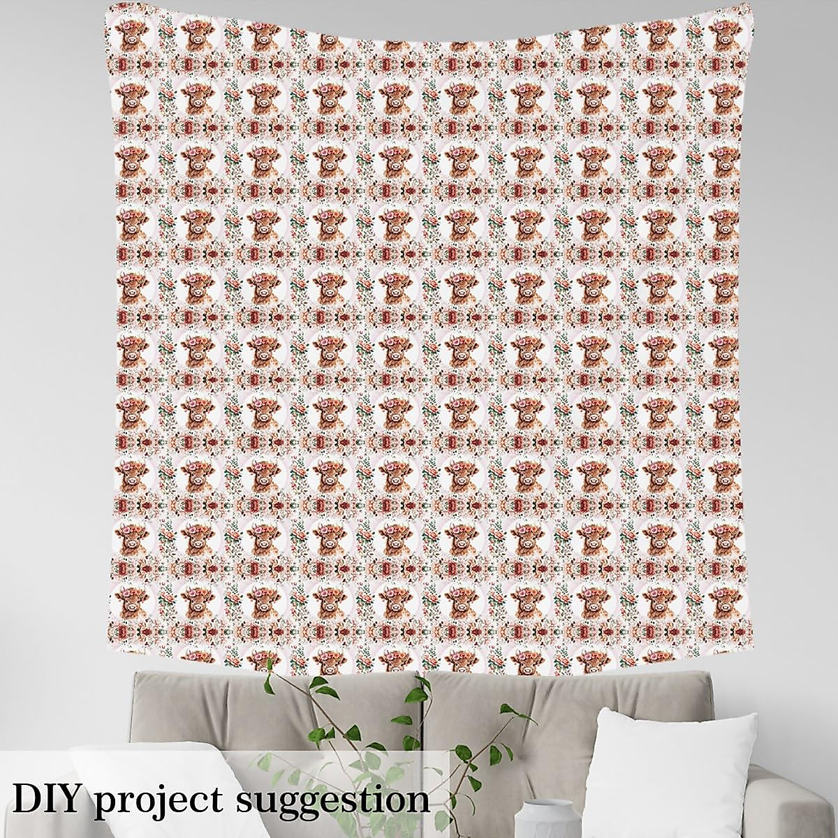 Feelyou Cute Highland Cow Fabric by The Yard 2 Yards Cartoon Animal Decorative Waterproof Outdoor Fabric Flower Floral Print Upholstery Fabric for Chairs Farm Zoo Garden Theme DIY Reupholstery Fabric