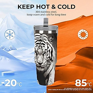 WITHSBKK 30oz Car Cup Black And White Tiger Printed with Portable, Stainless Steel Travel Mug, Vacuum Insulated Tumbler And Straw, Leakproof for Car & Outdoor, UV Printed Design