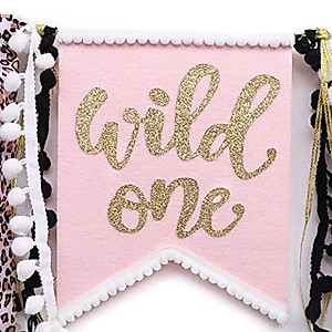 Girls Wild One High Chair Banner - Pink Jungle Birthday Banner - Girls Animal Print 1st Birthday Banner - Shes A Wild One Birthday Decorations Girl - Best Wild One Birthday Party Supplies