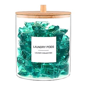 TIPGO Glass Jars for Laundry Room Organization, Laundry Pods Container with 27 Labels, Detergent Holder with Bamboo Lid, Cute Storage Jars (Set of 1)