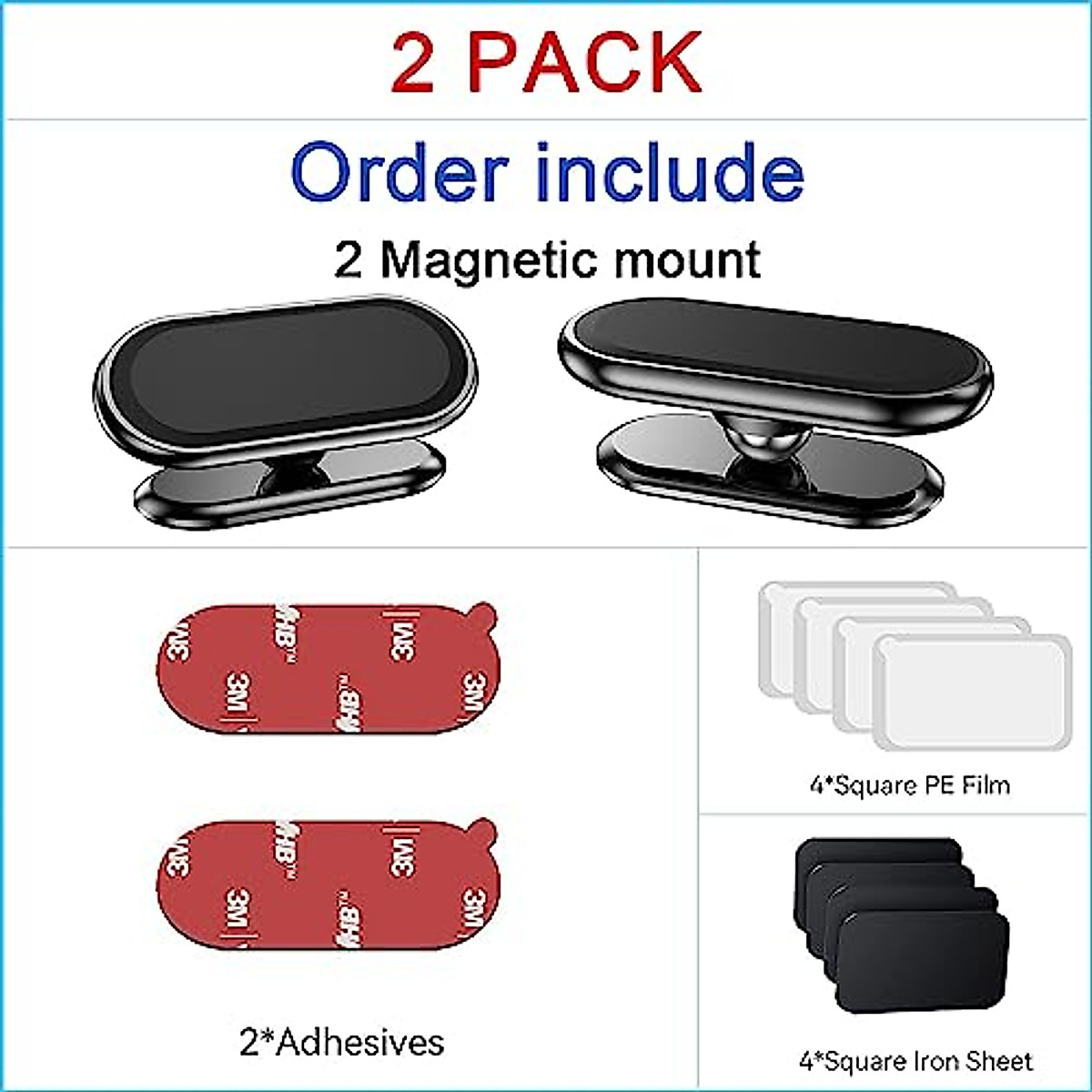 【2-Pack】 Magnetic Phone Holder for Car, [ Super Strong Magnet ] [ 4 Metal Plate ] Carmount 2.0 Magnetic Phone Mount [ 360° Rotation ] Universal Dashboard Adhesive Magnetic Phone Holders for Your Car