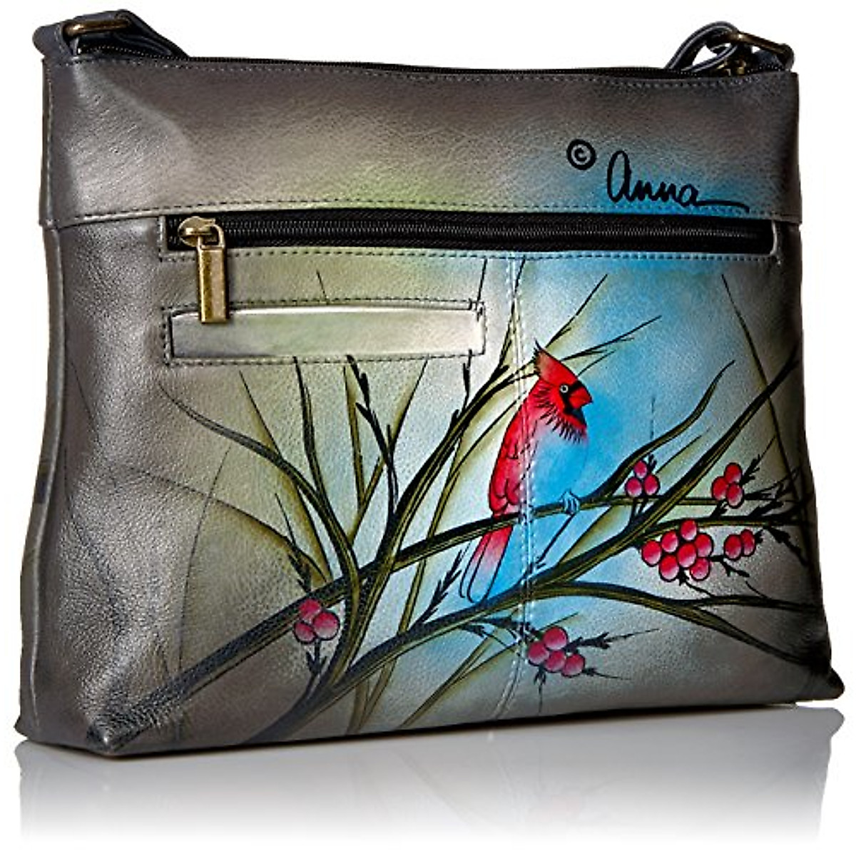 Anna by Anuschka Women's Genuine Leather Medium Crossbody with External Zipper Pocket | Hand Painted Original Artwork | Northern Cardinal