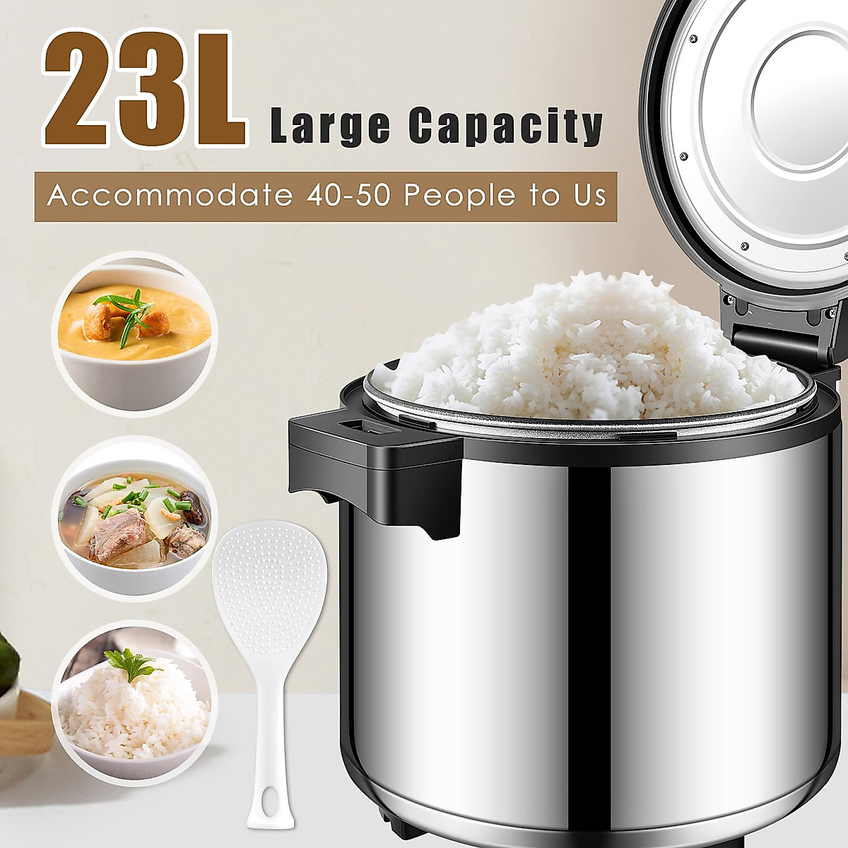 SiliFine Commercial Stainless Steel Electric Rice Warmer Food Warm with Rice Spoon Heavy Duty Rice Warmer with Warm Function Only for Restaurant Party (100 Cups Cooked Rice,100W)