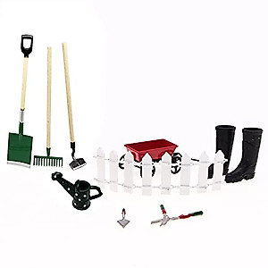 Miniature Fairy Garden Farming Tools, 9 Packs 1:12 Mini Metal Spade Pestle Rake Wagon Kettle Wood Fence Yard Supplies Scene Model Set Dollhouse Decor Accessories
