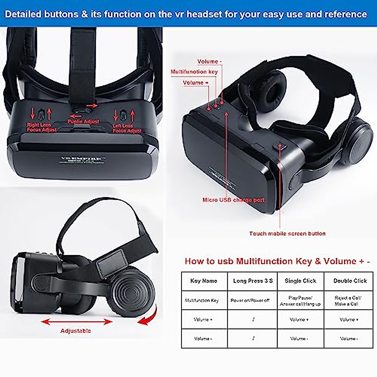 Virtual Reality headsets 3D Glasses Helmets VR Goggles VR Headsets for Phone Cell Phone for TV Movies Video Games Compatible to iOS Android Support 4.7” to 7.3” Mobile Screen with Controller (BR100)