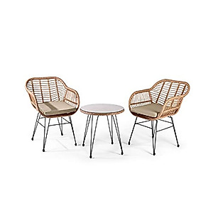WestinTrends 3 Pc Set Furniture Wicker Rattan Patio Conversation Seating Chair with Cushions and Table for Indoor Outdoor, Balcony, Porch, Garden, Pool, Deck, Lounge, Beige