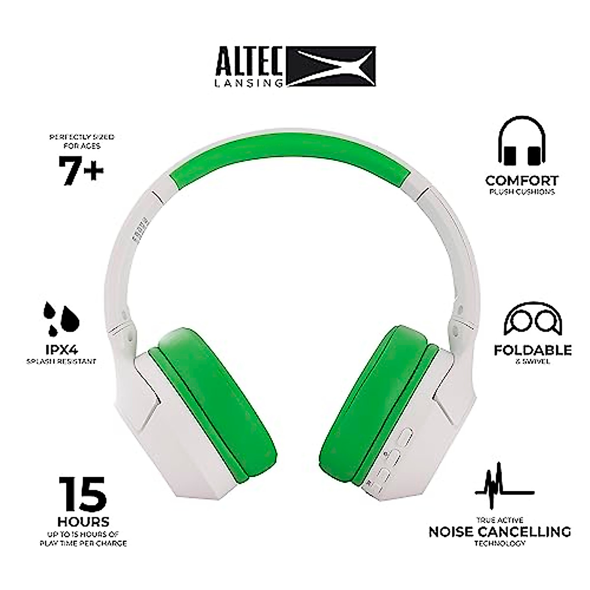 Altec Lansing Kid Safe Noise Cancelling Wireless Headphones 15H Battery, 85dB Volume Limit, Foldable Design Powerful Sound, Active Noise Cancellation Perfect for Kids Ages 7+