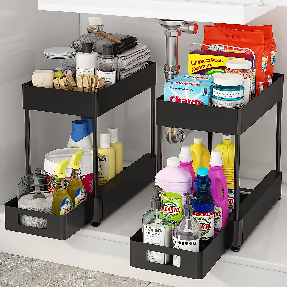 Under Sink Organizers and Storage, 2 Tier Bathroom Organizer Rack with Sliding Drawer, Hooks, Hanging Cup, Multi-purpose Bath Collection Baskets Storage Shelf for Bathroom Kitchen Countertop Cabinet