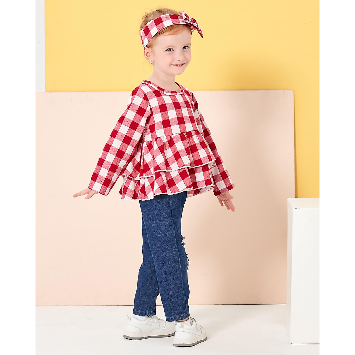 12 18 Months Girl Clothes Fall Winter Toddler Girl Clothes Outfits Cute Red Plaid Denim Pants Baby Girls Clothes 12-18 Months