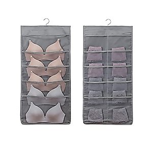 Dual Sided Wall Closet Hanging Organizer Storage with 5+10/12+18 Mesh Pockets for Underwear Bra Underpants Socks with Metal Hook Wardrobe Storage Bags Oxford Cloth Space Saver (Grey 5+10 2 Pack)