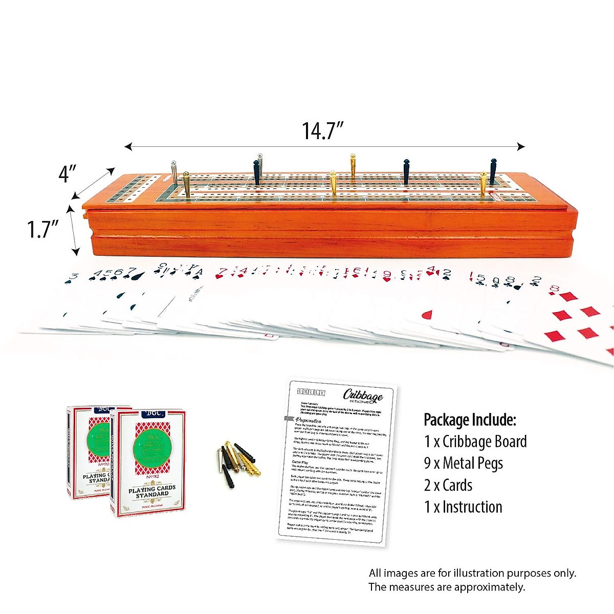 CRIBBAGE BOARD GAME SET. UNIQUE LARGE WOODEN CONTINUOUS 3 TRACK BOARD WITH LARGER STORAGE AREA, 9 METAL PEGS AND 2 DECKS OF PLAYING CARDS. TRAVEL PORTABLE CRIBBAGE PERSONALIZED BOARDS CARD GAME SETS