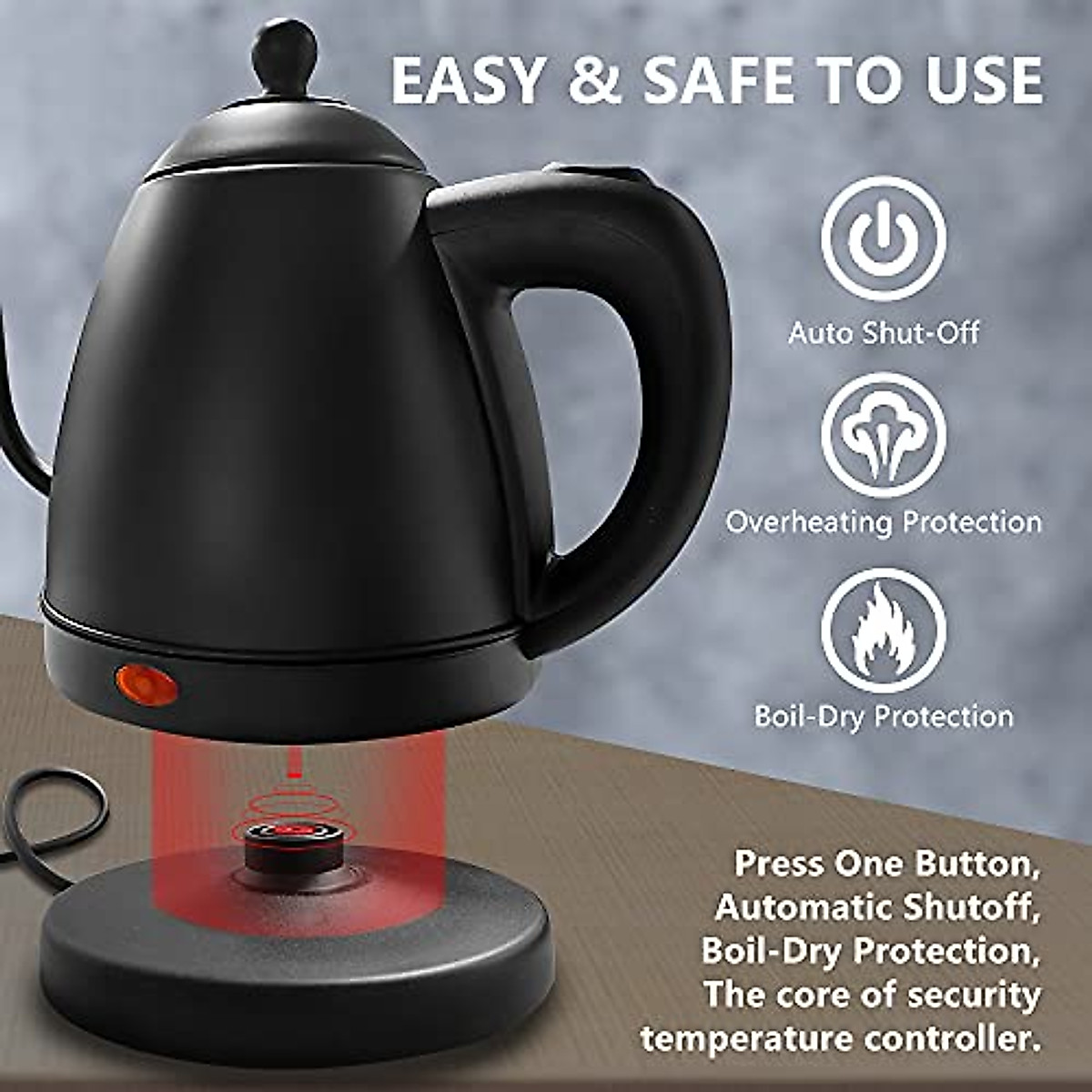 BLBO Gooseneck Kettle ,110v Electric kettle 1.0L Pot body 100% Stainless Steel Electric tea kettle High temperature blisters drainage groove is designed in the handle Quick Heating Pour Over Kettle