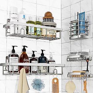 Bunoxea Shower Caddy Stainless Steel, 5-Pack Adhesive Shower Shelves,Large Capacity,Rustproof Shower Caddy Basket Shelf,Shower Organizer Shelves for Bathroom & Kitchen Storage,Silver