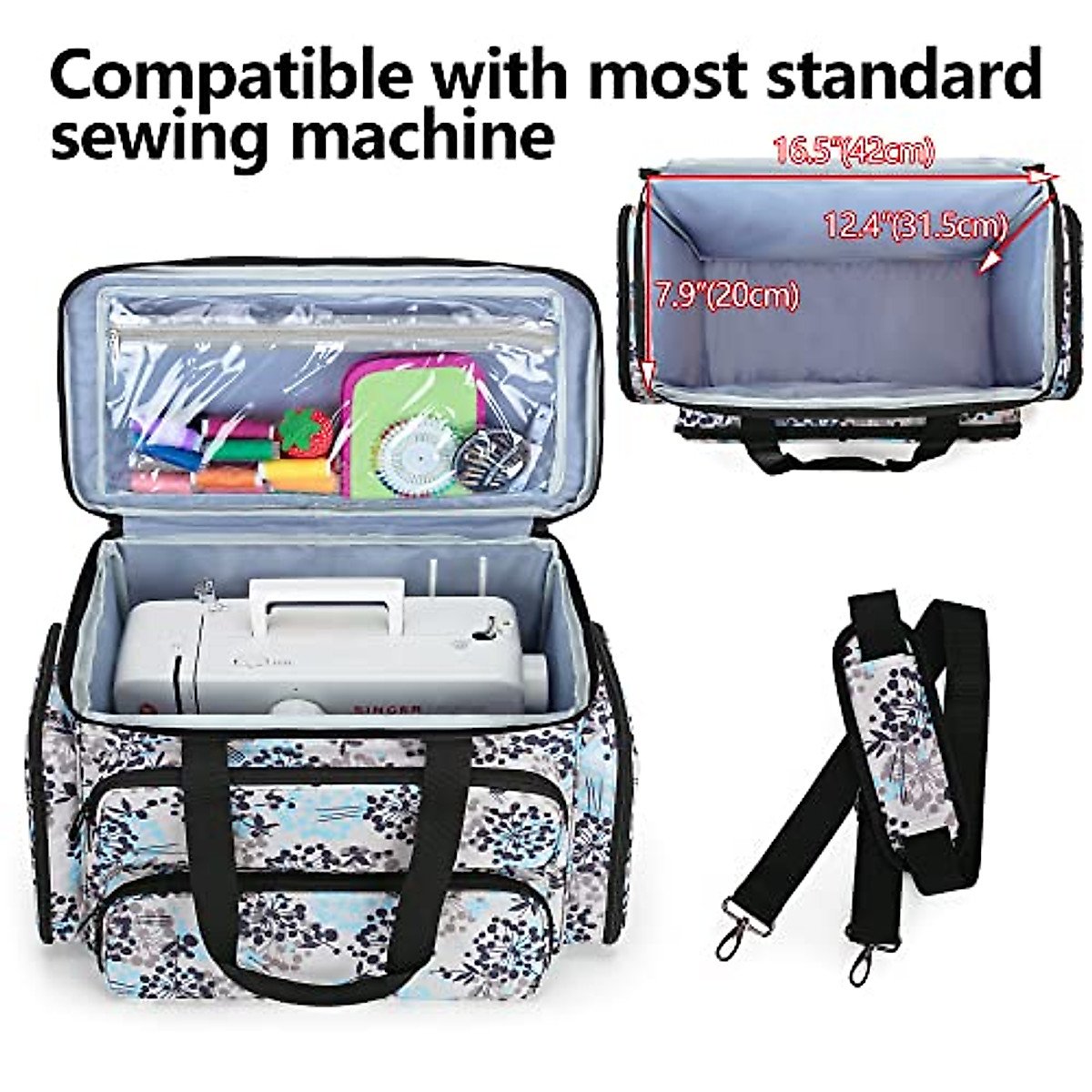 CURMIO Sewing Machine Carrying Case for Most Standard Sewing Machine, Portable Travel Tote Bag with Compartments and Pockets for Sewing Supplies, Dandelion (Bag Only, Patent Design)