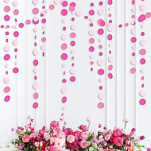 Hot Pink Party Decorations Circle Dots Garland Rose Pink White Hanging Paper Polka Dots Streamer for Birthday Bachelorette Engagement Wedding Baby Bridal Shower Anniversary Minnie Theme Party Supplies