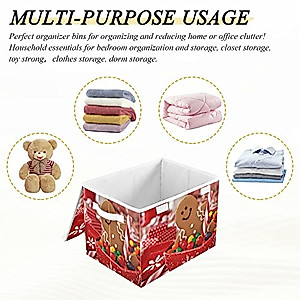 DOMIKING Gingerbread Man Large Storage Bin with Lid Collapsible Shelf Baskets Box with Handles empty gift basket for Nursery Drawer Shelves Cabinet